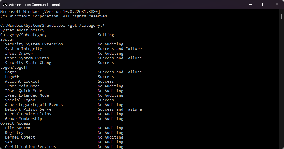 Listing and changing Windows audits from command line
